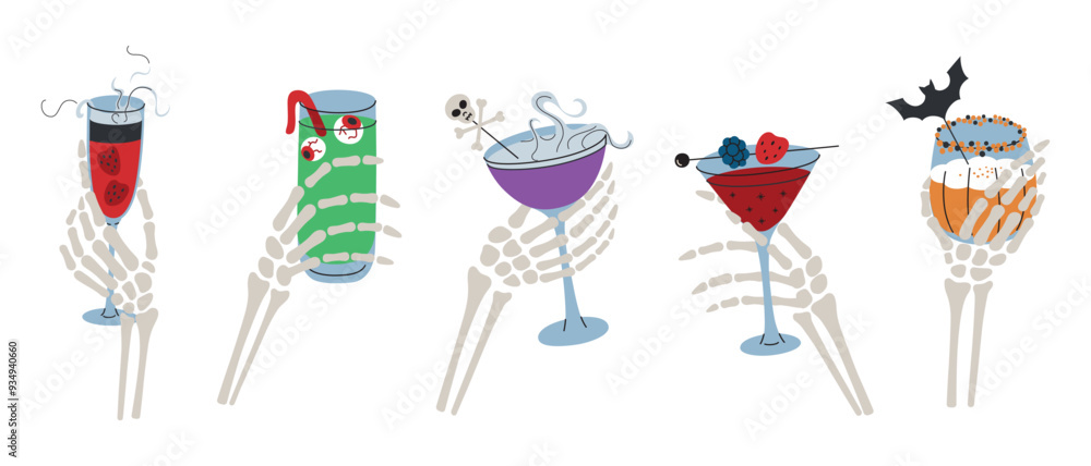 Vector illustration set of skeleton hands holding Halloween cocktails ...