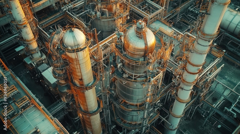 The extensive industrial infrastructure of a chemical plant, including ...