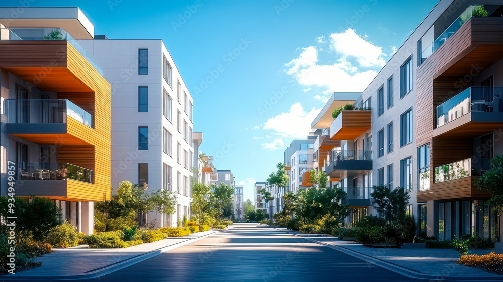 Contemporary Low-Rise Apartment Buildings in Sunlit Urban Street ...