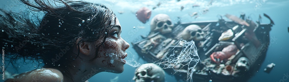 A hauntingly beautiful mermaid with flowing black hair swims past ...