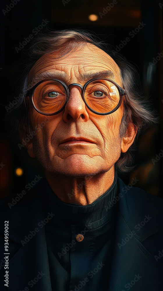 Vintage Illustration of Thoughtful Old Man with Brown Hair and Glasses ...