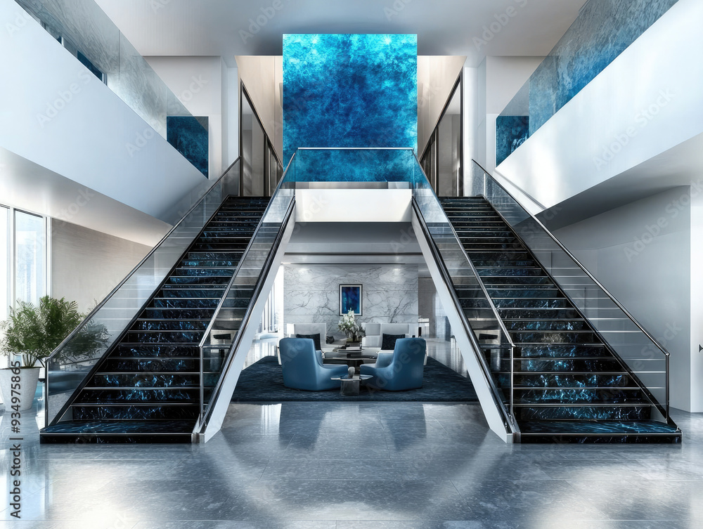 A double staircase with a blue water texture and modern design ...