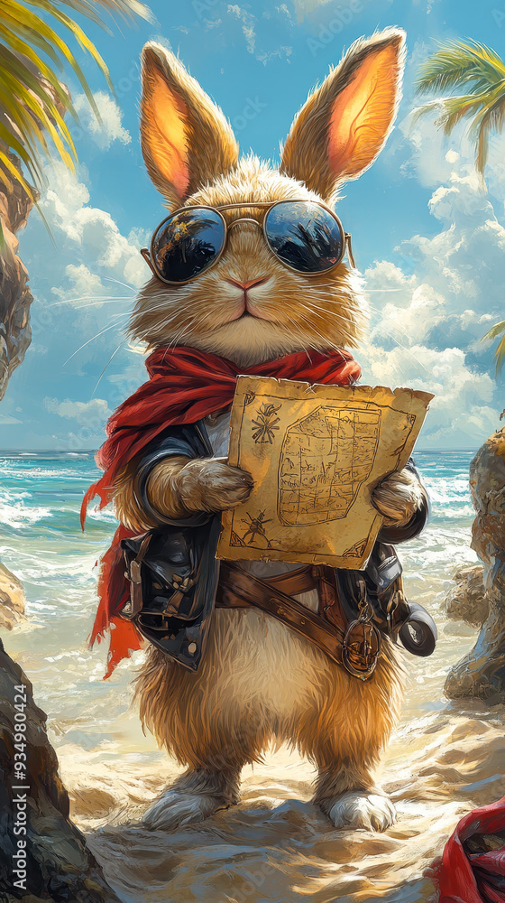 Adventurous Pirate Rabbit on Tropical Beach Holding Treasure Map, Cute ...