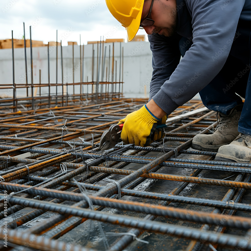 A worker uses steel tying wire to fasten steel rods to reinforcement ...