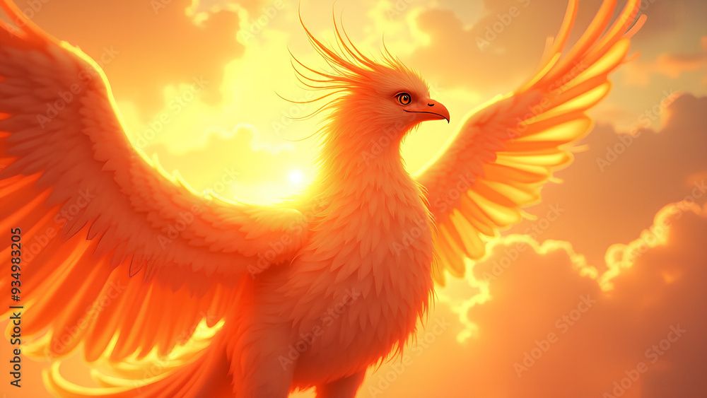 cinematic keyframe featuring a reincarnated Phoenix rendered as a mid ...