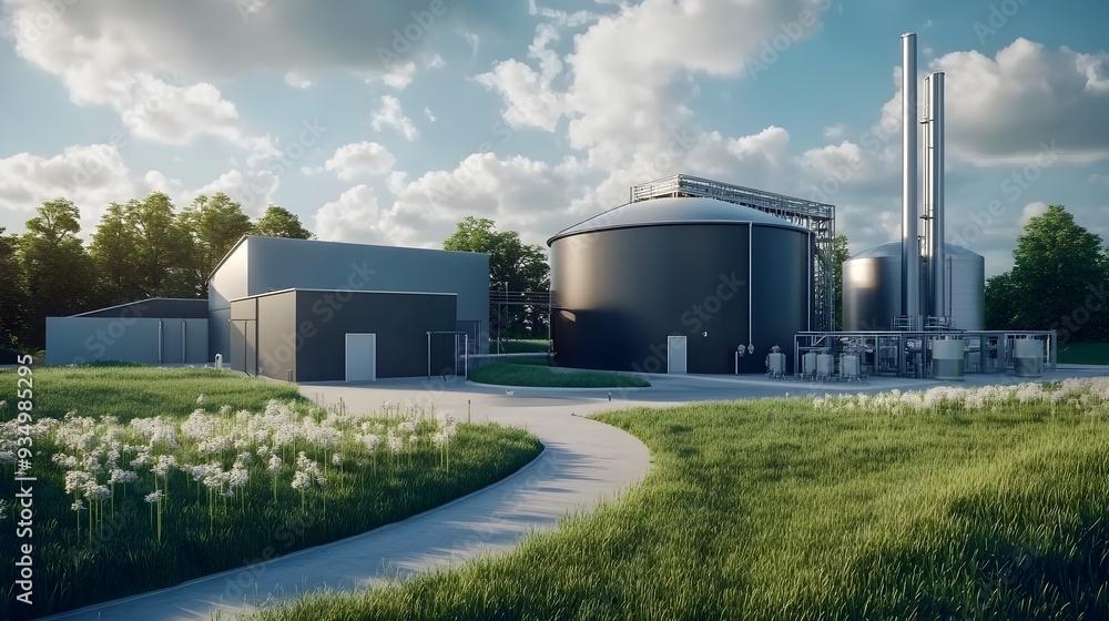 Biogas plant converting organic waste into renewable energy with storage tanks and processing ...