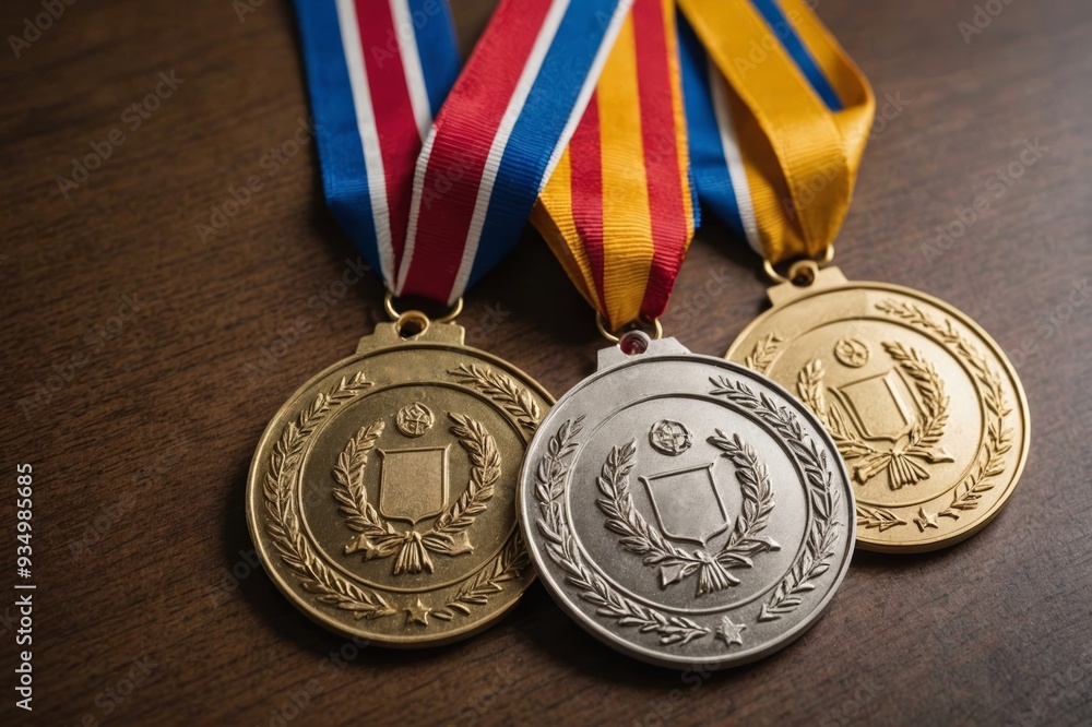 Gold silver and bronze demonstration trophy medals with ribbon for ...