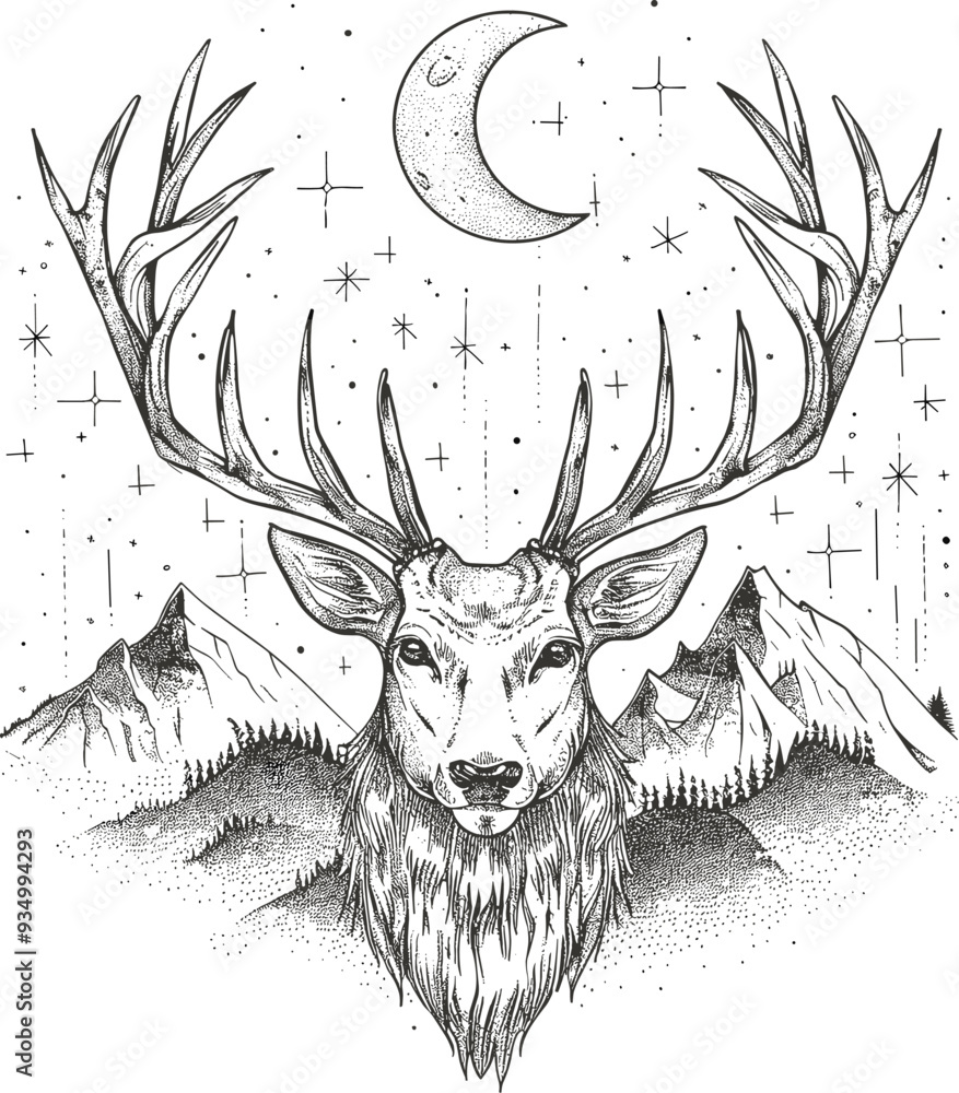 Fine Line Deer Illustration with Antlers, Moon, and Mountain Landscape ...