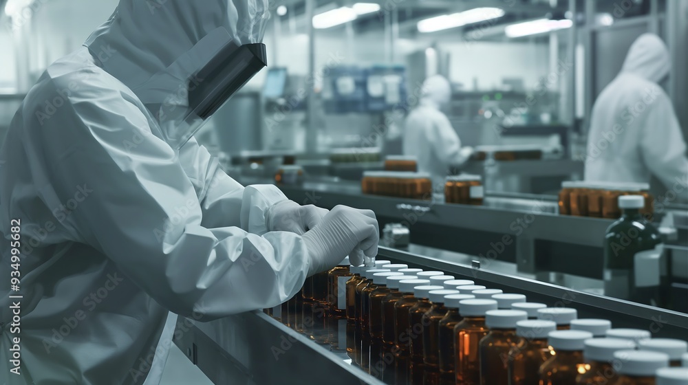 pharmaceutical scientist wearing sterile gloves, inspecting bottles of ...