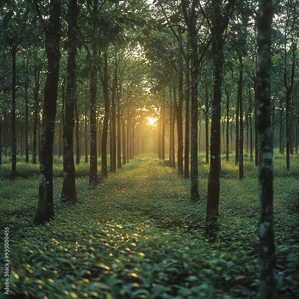 Lush rubber plantation at dawn with latex dripping from trees, natural ...