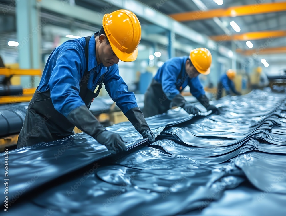 Workers inspecting processed rubber sheets before packaging for export ...