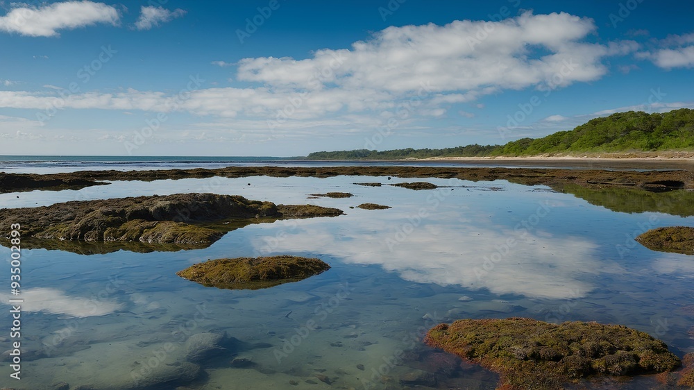 Tidal Pools and Reflections. Still waters reflecting sky and visible ...