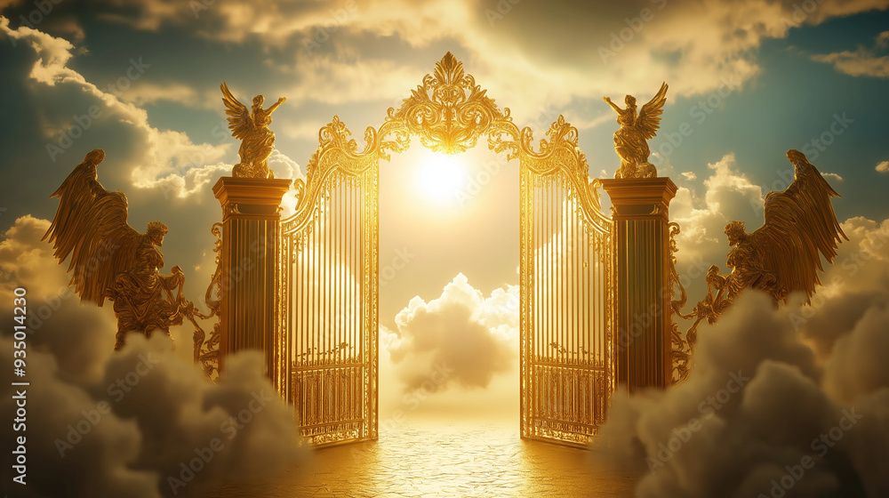 Grand golden gates, flanked by angelic statues, with a brilliant ...