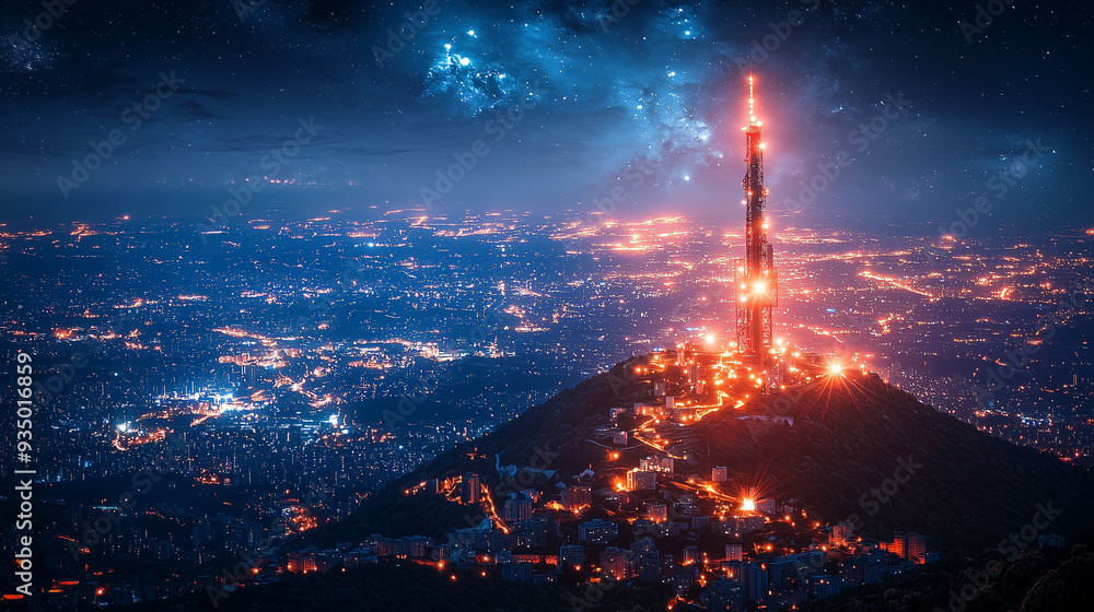 Satellite links to telecommunication cell towers, with signals relayed ...