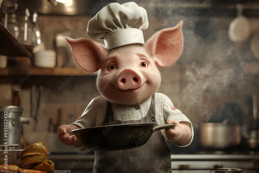 Chef Pig: A pig in a chef´s uniform with a hat, holding a frying pan in ...