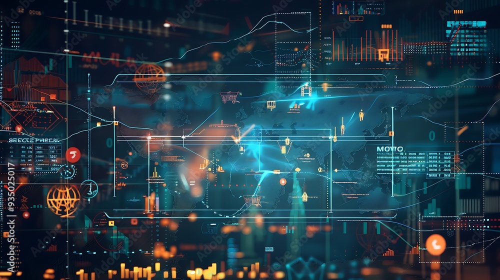 A conceptual image of global economy with a world map overlaid with ...