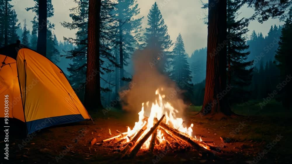 Camping under the stars with a warm campfire and a cozy tent in a pine ...