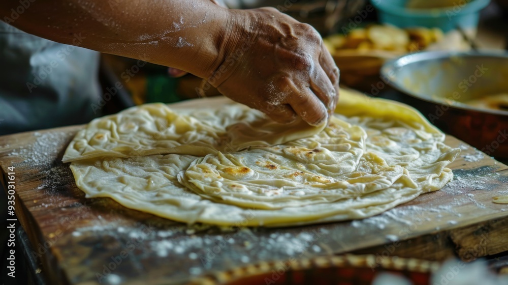 The making of Roti Canai, also known as Roti Prata, a popular Indian ...