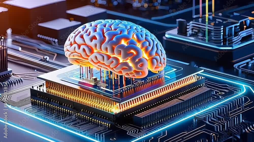 animated hologram of a brain above a computing unit and circuit board ...
