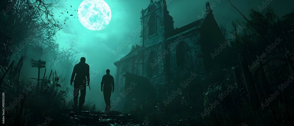 Eerie Halloween themed scene depicting a haunted house dark graveyard ...