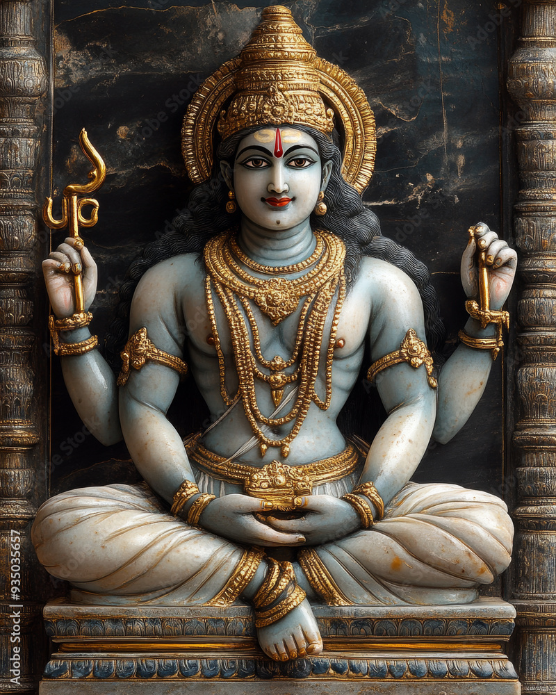 Ancient vishnu statue holding shankha and chakra sitting in lotus ...