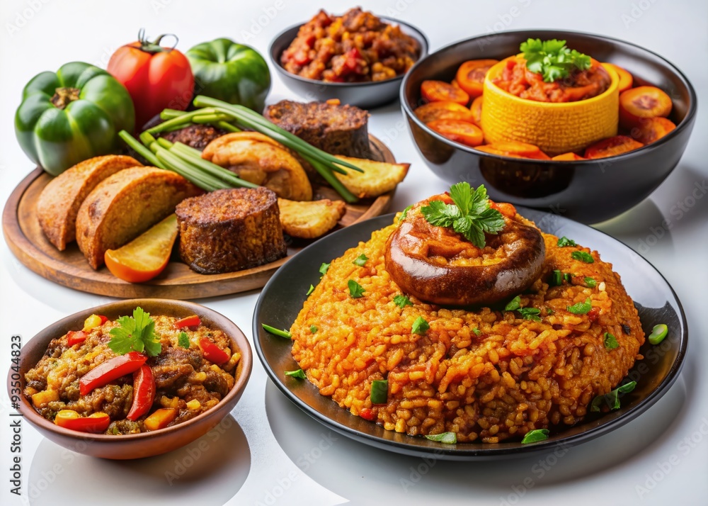 Vibrant traditional African dishes such as jollof rice, suya, and ...