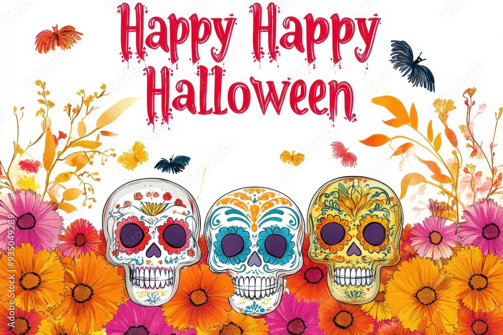 Day of the Dead Collage: Images of colorful sugar skulls and marigold ...