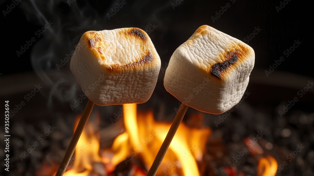 Banner Of Two Marshmallows On A Stick Roasting Over Campfire On Black ...