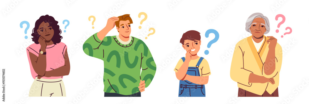 Set of thoughtful people. Thinking man, woman, child and elderly granny ...