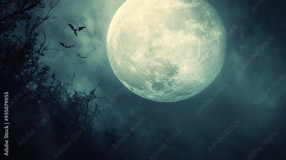 Full Moon Mystery: A large, full moon dominates the night sky, casting ...