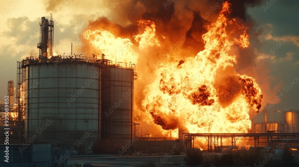 The moment the industrial oil refinery tank caught fire a huge fire ...