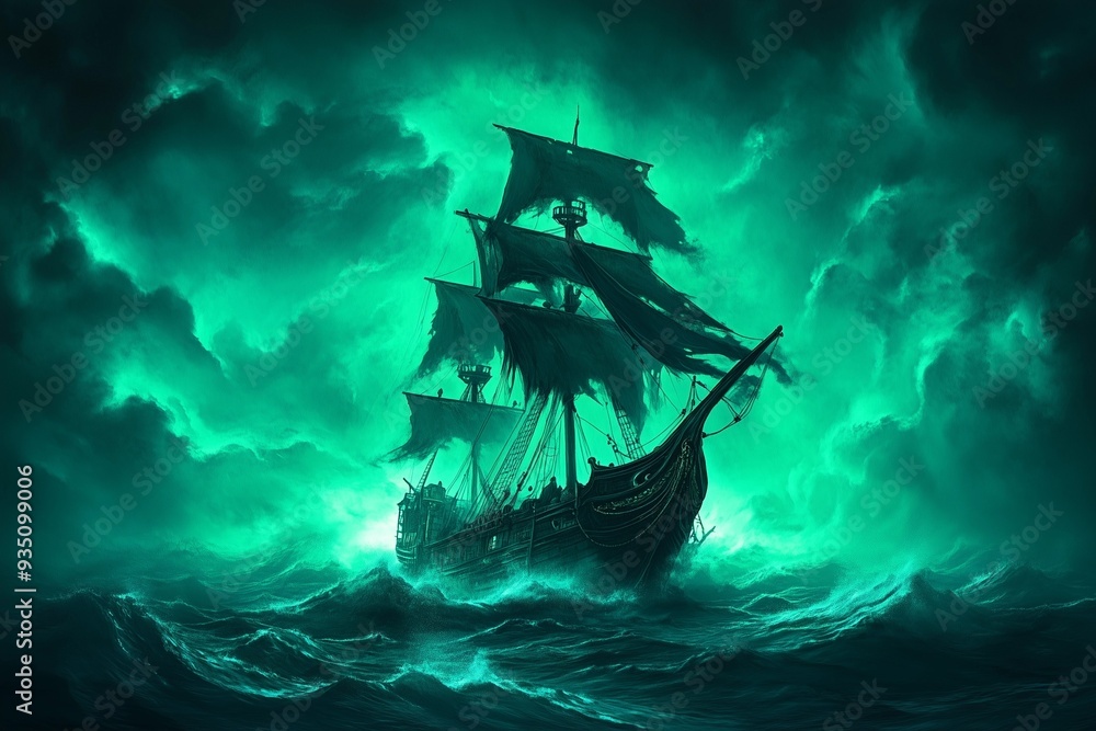 Pirate Ship with Torn Sails Sailing Through Rough Waters Illuminated by ...