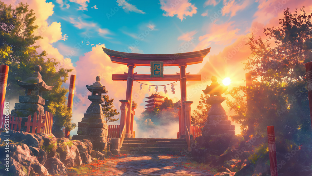 Shinto shrine archway (Torii). Styled like an anime or game background ...