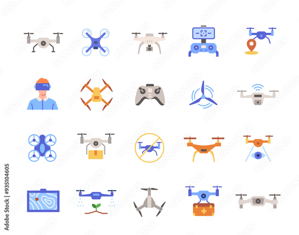 Drone Icon Set. Colorful signs with wireless copter with video camera ...