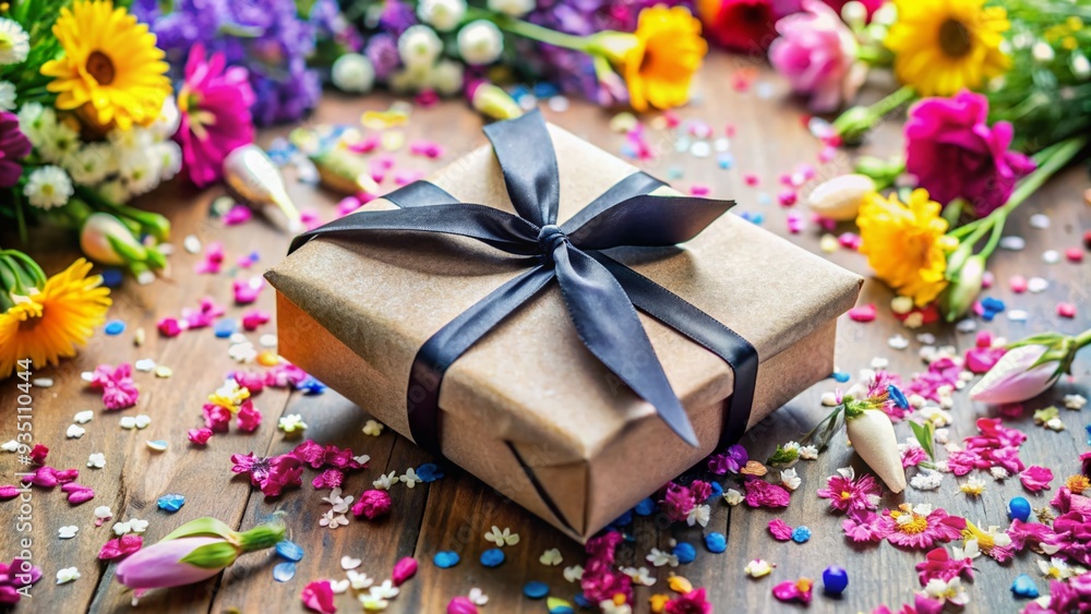 A beautifully wrapped present with a mortarboard and diploma on top ...