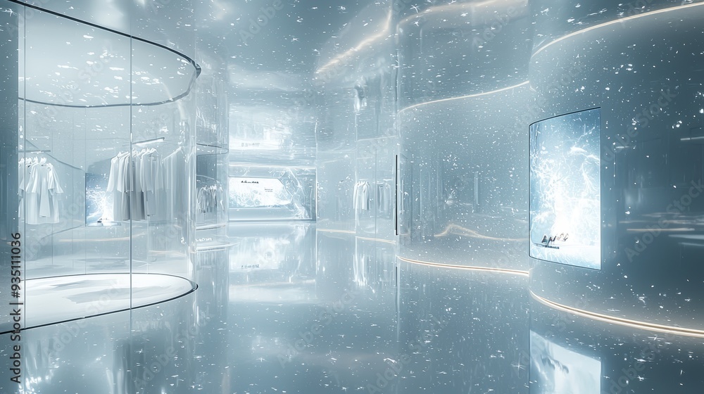 A futuristic, open showroom with reflective floors and walls, where a ...