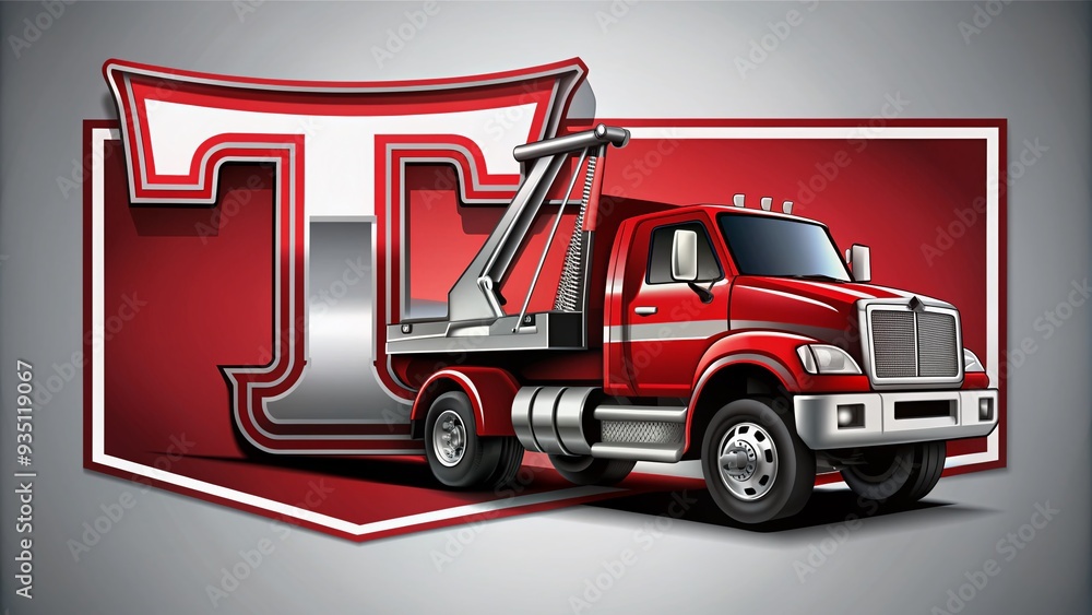 A bold, red and silver tow truck logo featuring a stylized letter "T ...
