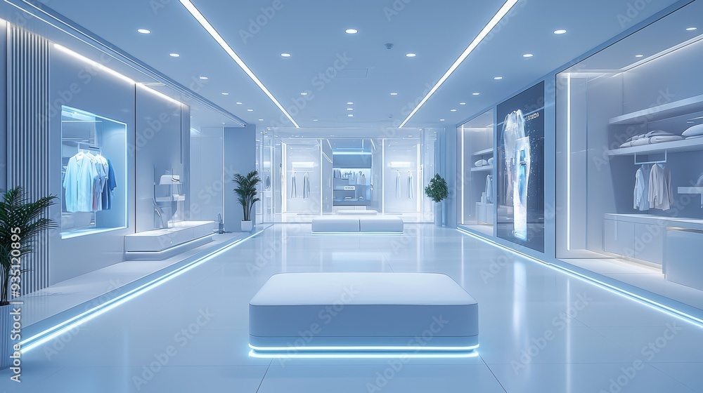 A dynamic illustration of an empty, modern showroom with a virtual ...