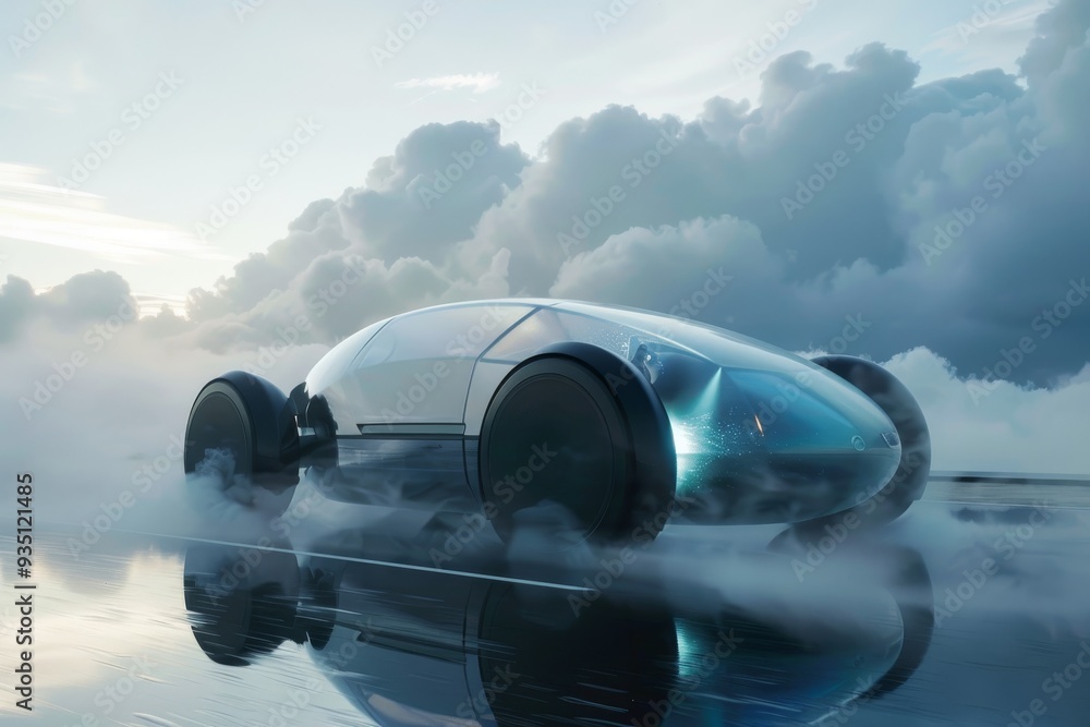 A modern, high-tech car speeds along a dark street, surrounded by ...
