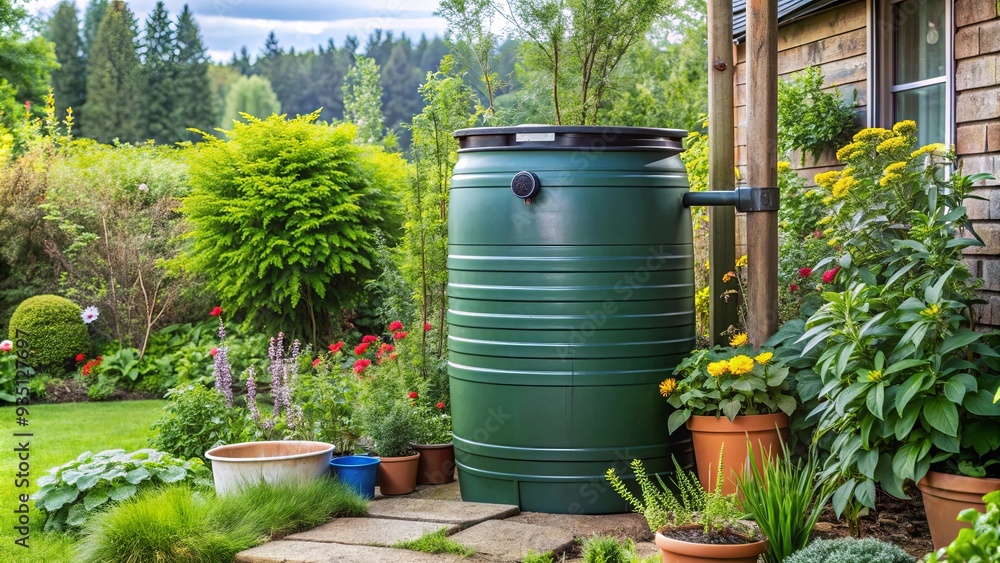 Rainwater harvesting system in a garden with water collected in a ...