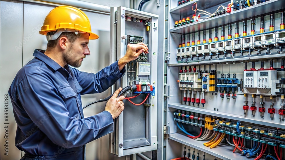 Electrician engineer work tester measuring voltage and current of power ...