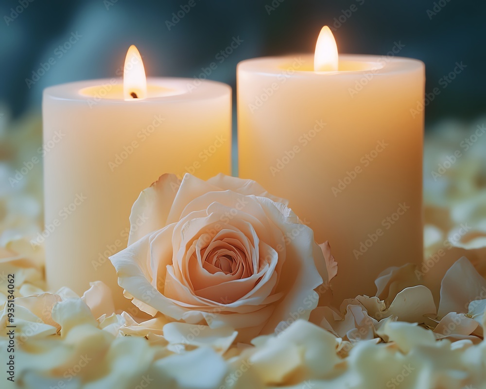 White candles and roses amidst flower petals, a heartfelt image for ...