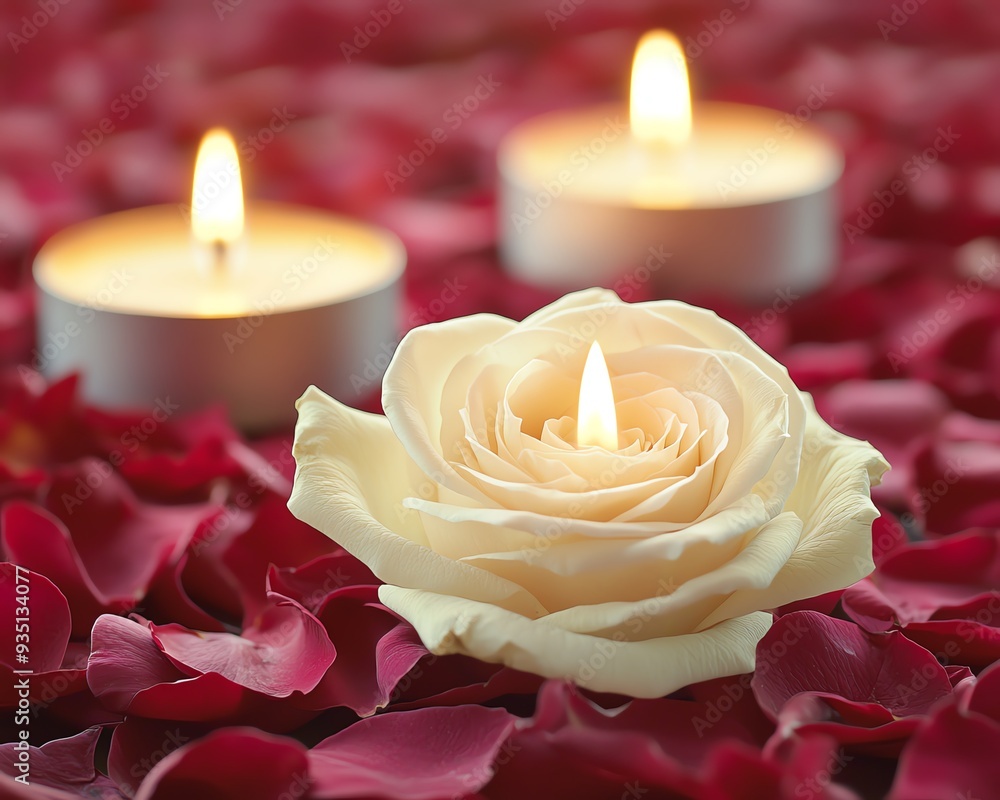 White candles and roses amidst flower petals, a heartfelt image for ...