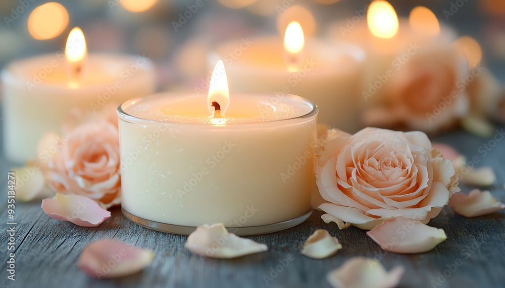 White candles with roses and flower petals, beautifully crafted for ...
