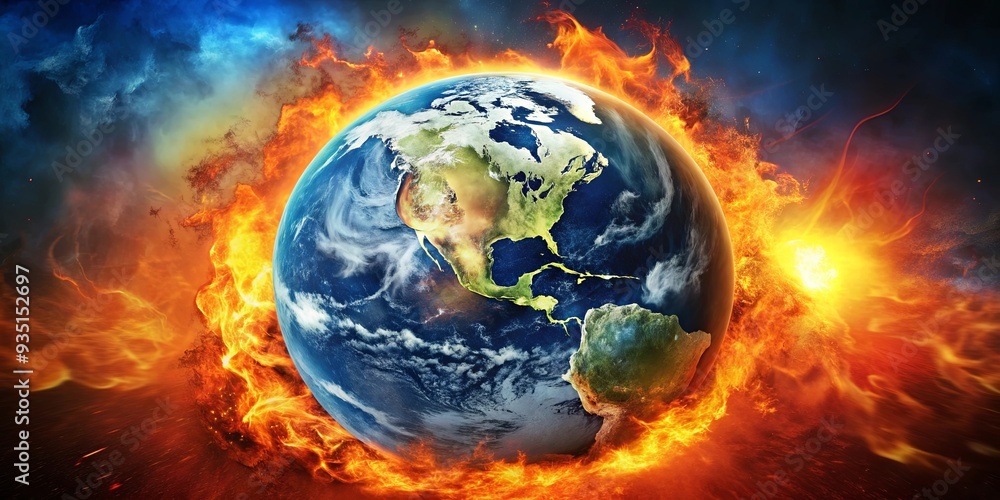 depicting planet Earth burning under extreme heat, showing global ...