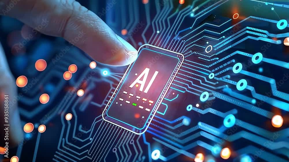Futuristic depiction of AI technology with a human hand interacting ...