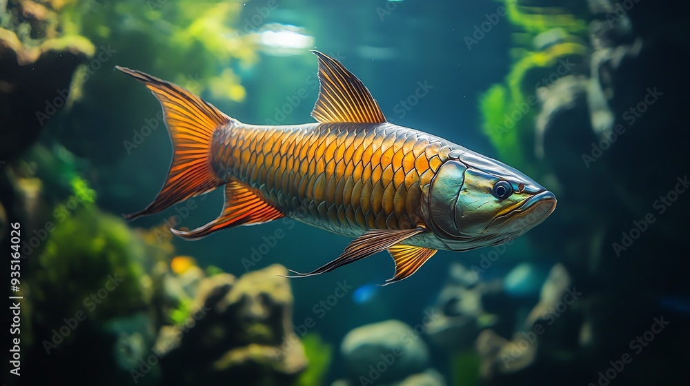 Arowana fish swimming majestically in a dimly lit tank, exuding ancient ...