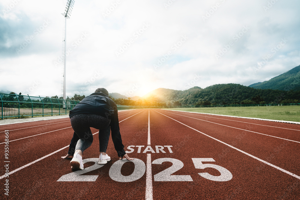 New year resolution 2025 concept. Word start 2025 written on athletics ...