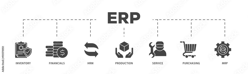 ERP icons process structure web banner illustration of inventory ...