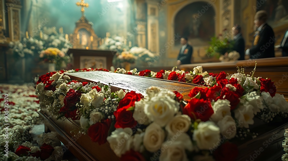 Funeral Ceremony with Flower-Adorned Wooden Coffin, Capturing a Somber ...